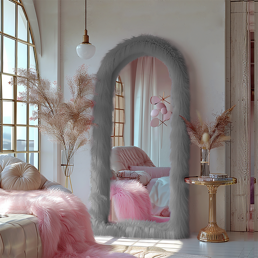 Custom Wall Mirrors Chic Pink Faux Fur Full Length Mirror for Cloakroom ...
