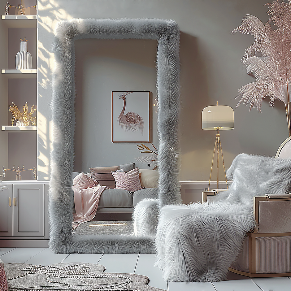 Custom Wall Mirrors Chic Pink Faux Fur Full Length Mirror for Cloakroom ...