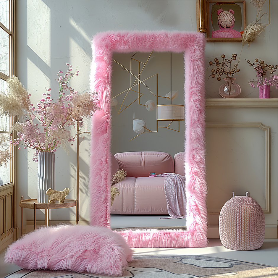 Custom Wall Mirrors Chic Pink Faux Fur Full Length Mirror for Cloakroom ...