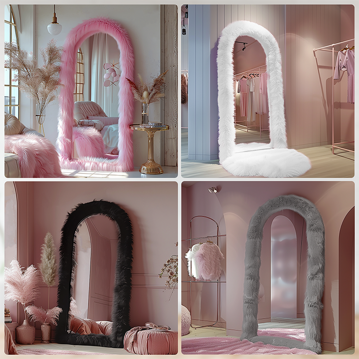 Custom Wall Mirrors Chic Pink Faux Fur Full Length Mirror for Cloakroom ...