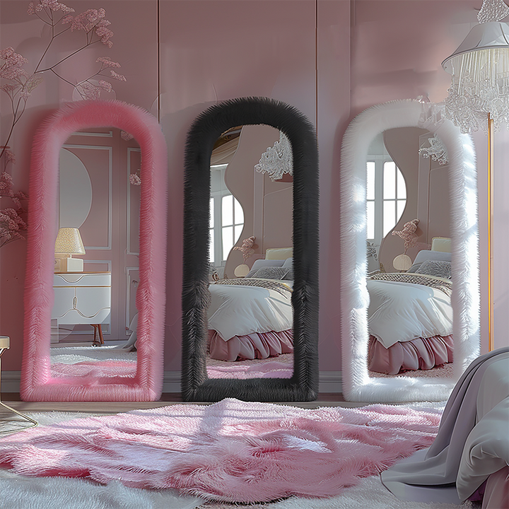 Custom Wall Mirrors Chic Pink Faux Fur Full Length Mirror for Cloakroom ...